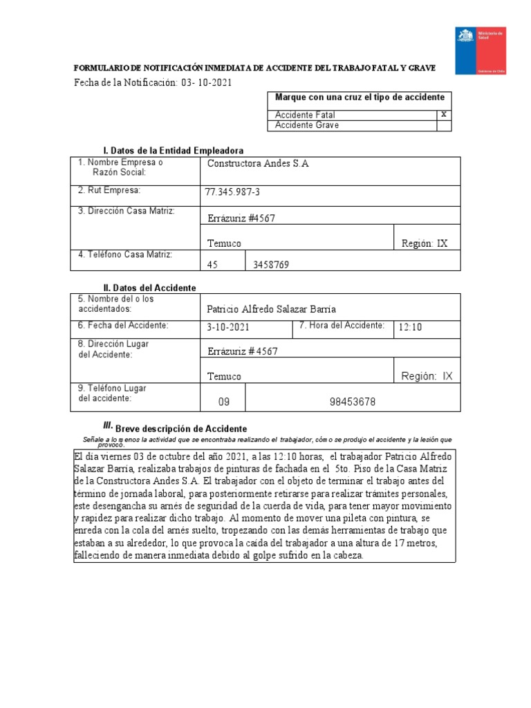 Formulario de Notificación Inmediata de Accidente Del Trabajo Fatal y ...