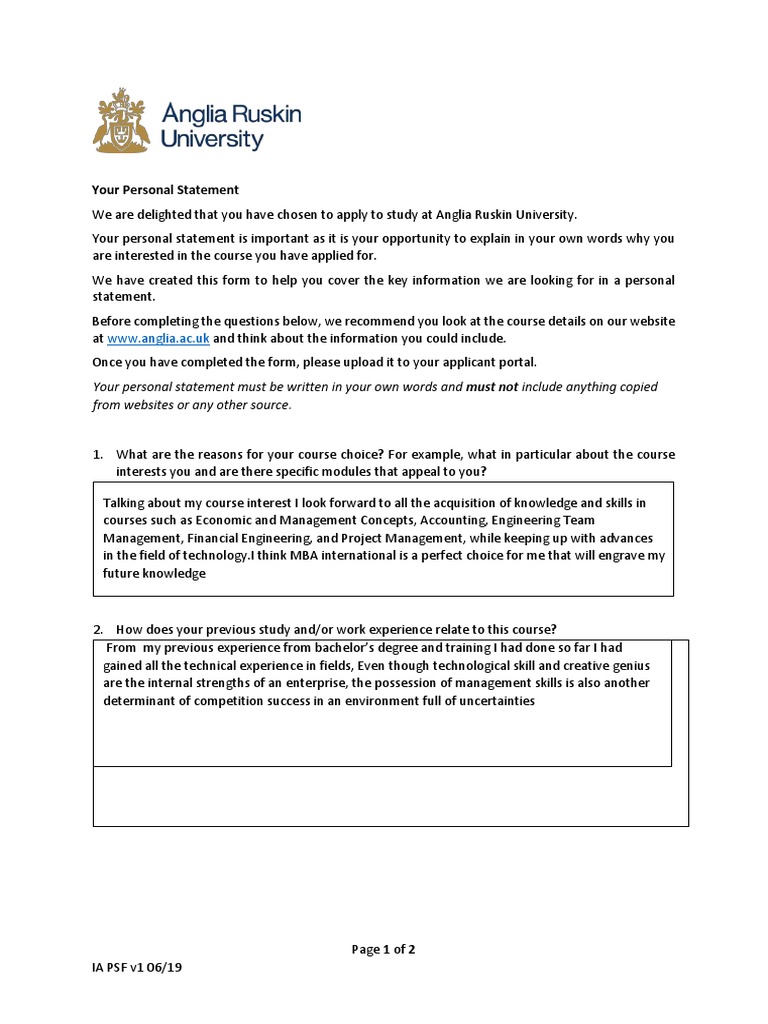 Personal Statement Guidance for ARU Applicants | PDF | Cognition ...