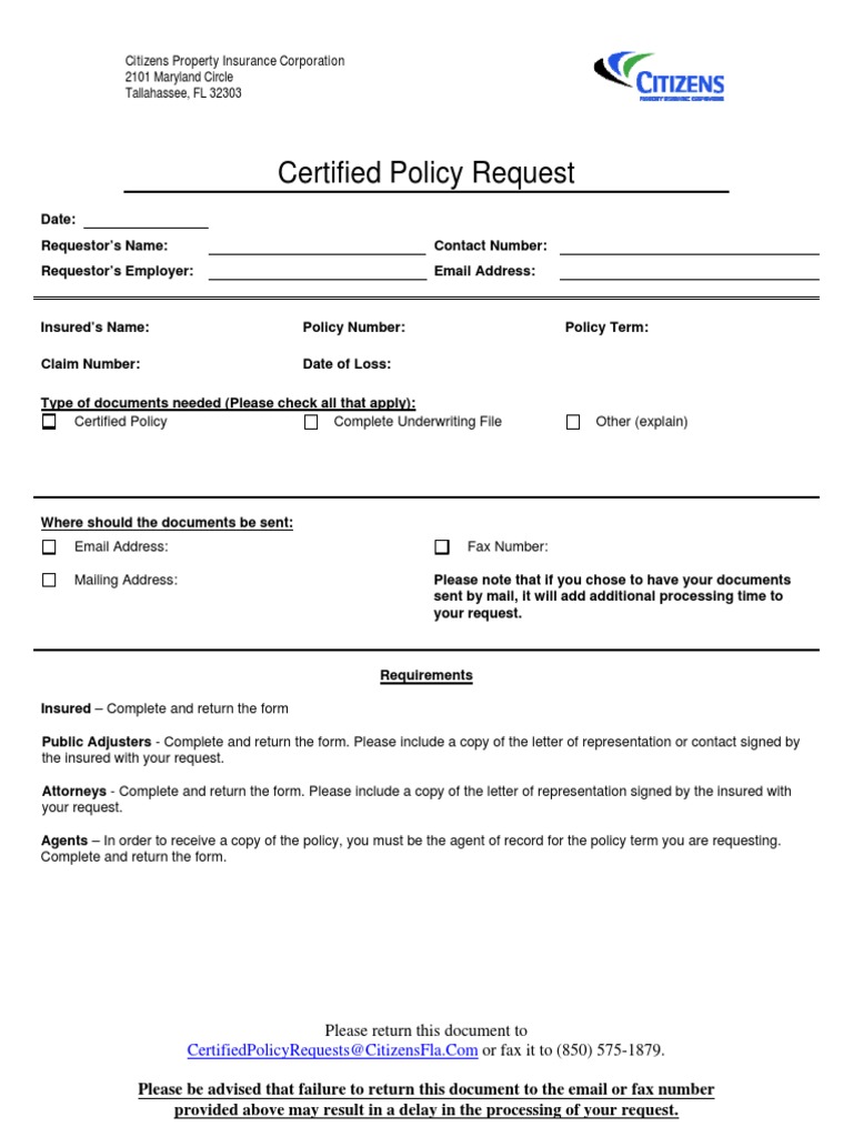 Citizens - Certified Policy Request Form | PDF