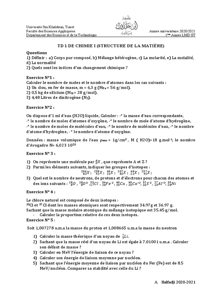 Chimie 1 TD #1 Avec Solution | PDF | Noyau atomique | Atomes