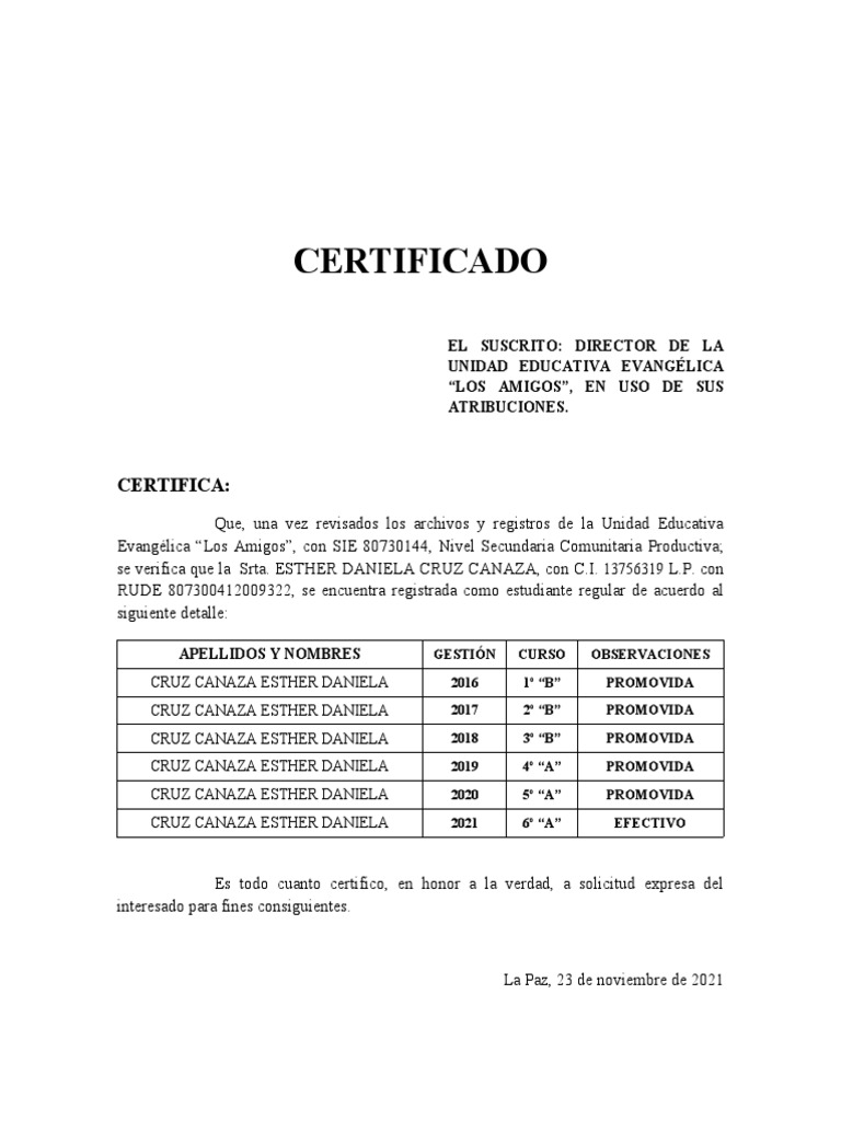 Certificado de Estudios - Esther Daniela Cruz Canaza | PDF