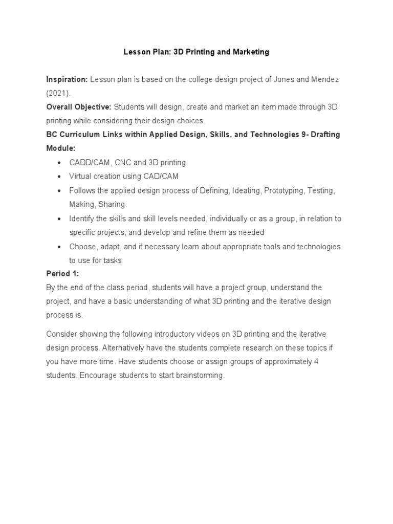 3d Printing and Marketing Lesson Plan | PDF | 3 D Printing | Lesson Plan