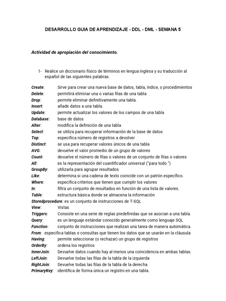 Desarrollo Guia de Aprendizaje - DDL - DML - Semana 5 | PDF | SQL ... Desarrollo Guia de Aprendizaje - DDL - DML - Semana 5 | PDF | SQL ...