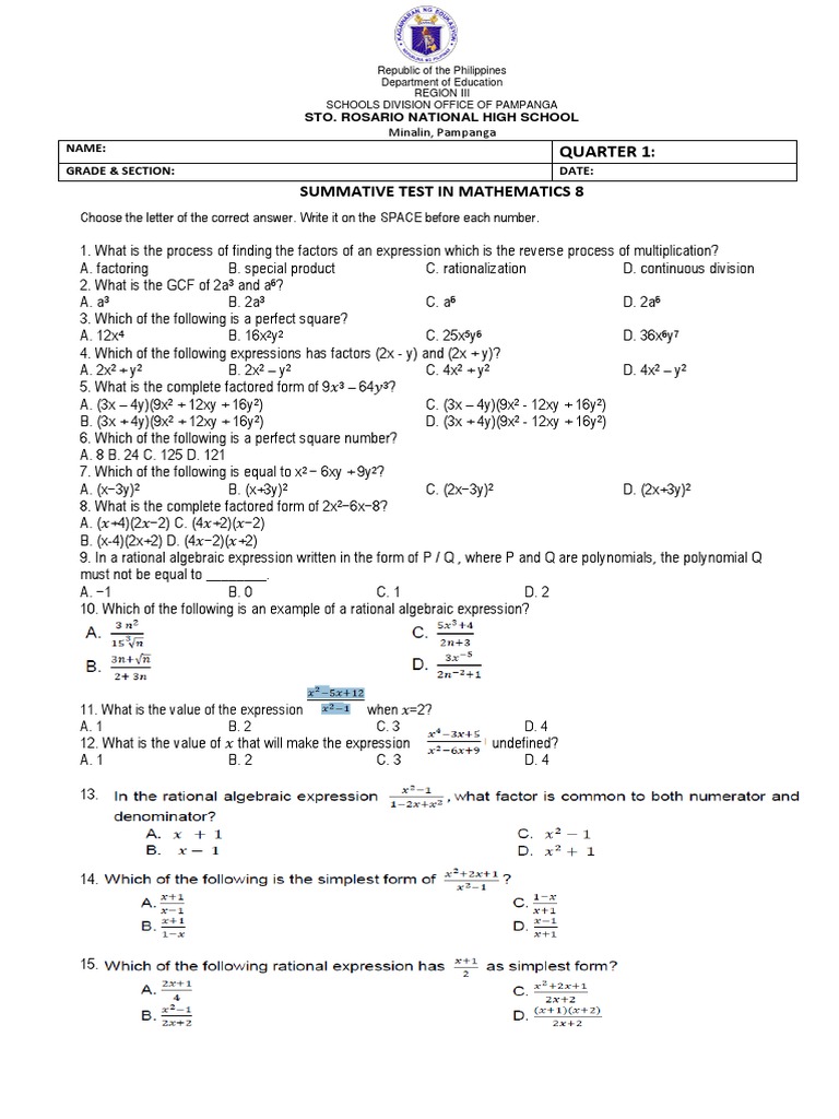 Summative Test in Mathematics 8: Quarter 1 | PDF | Polynomial | Mathematics
