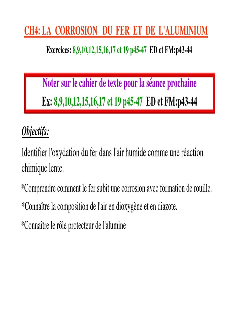 CH4 LA CORROSION DU FER ET DE L'ALUMINIUM. Noter Sur Le Cahier de Texte ...