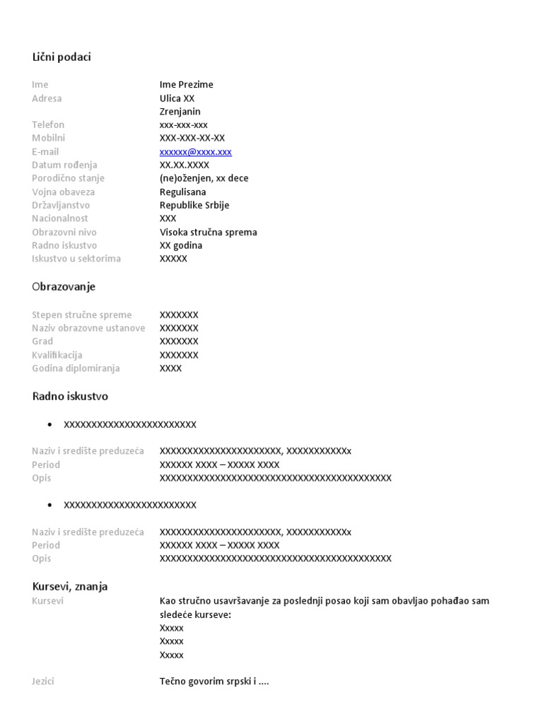 Srpski CV Template | PDF