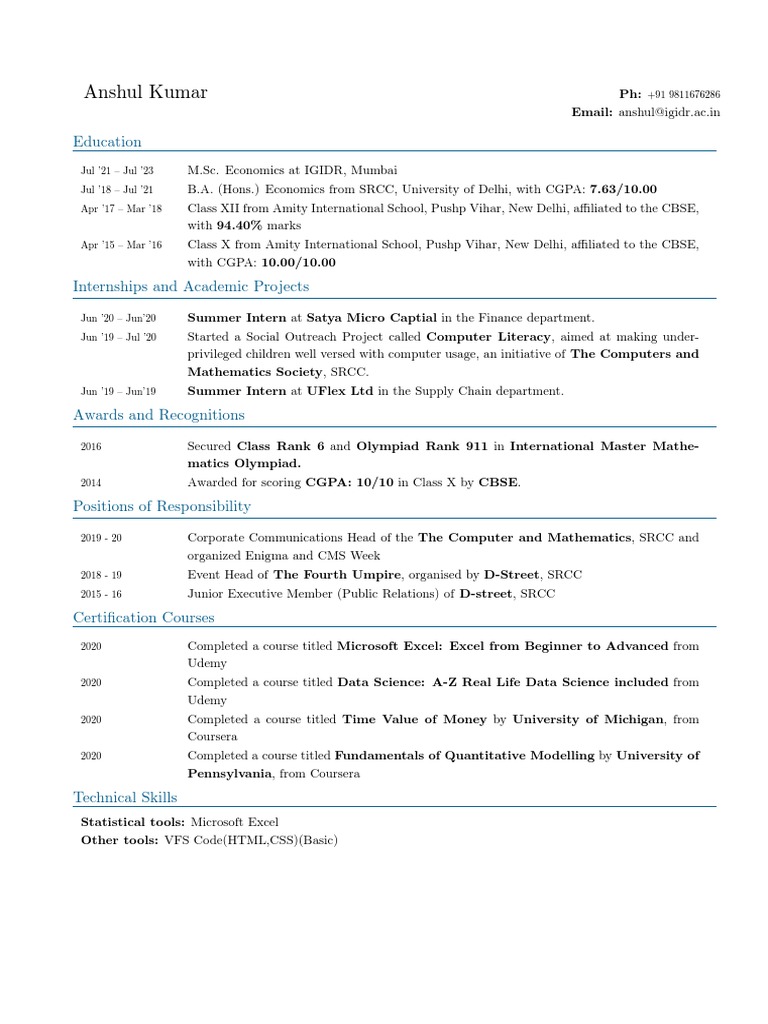 Anshul Kumar - CV | PDF