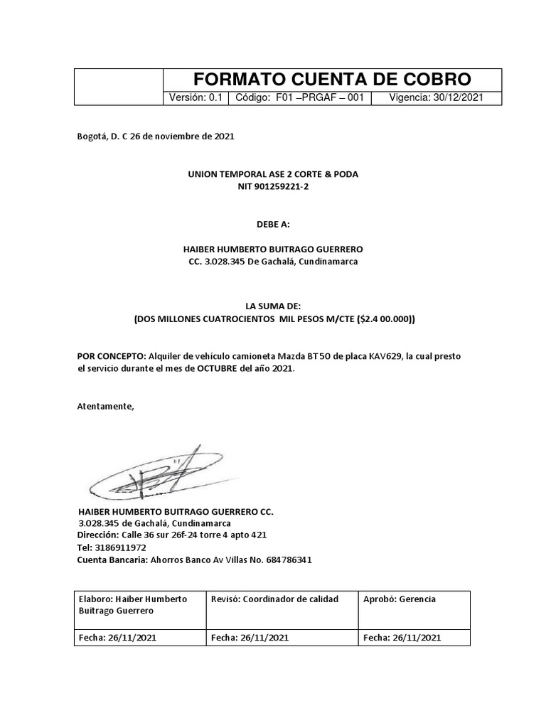 Cta Cobro Kav 629 Octubre 2021 | PDF