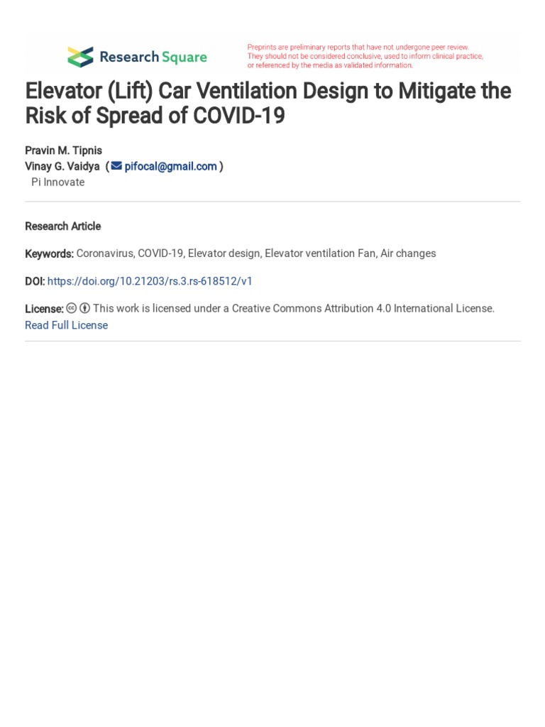 Elevator Lift Car Ventilation Design To Mitigate T | PDF | Elevator ...