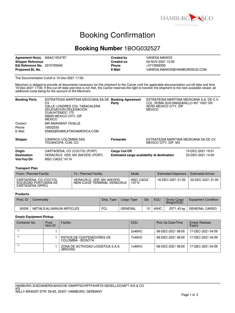 Booking 1bog032527 | PDF | Cargo | Dangerous Goods