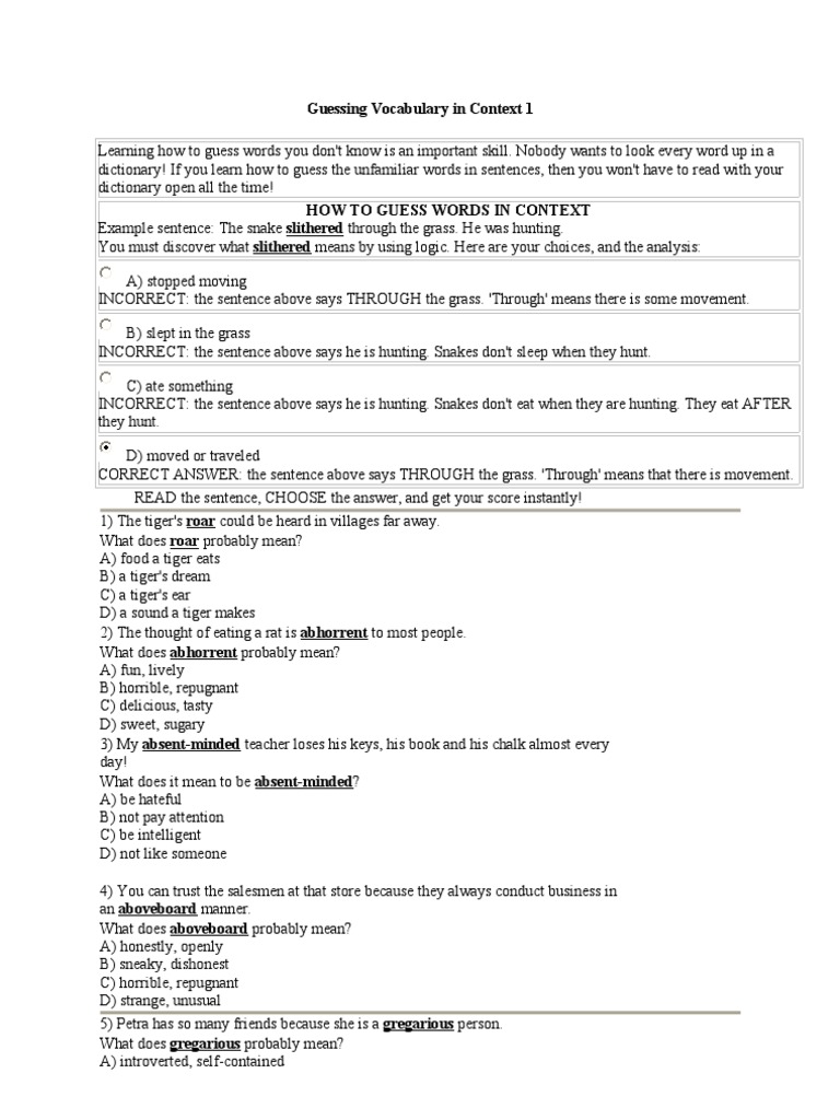 Guessing Vocabulary in Context 1 | PDF | Language Arts & Discipline ...