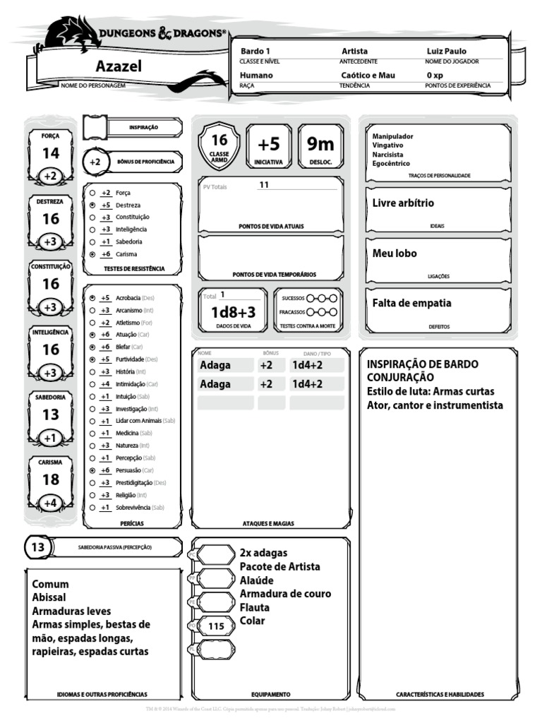 Ficha D&D - Bardo Humano - Luiz Paulo | PDF