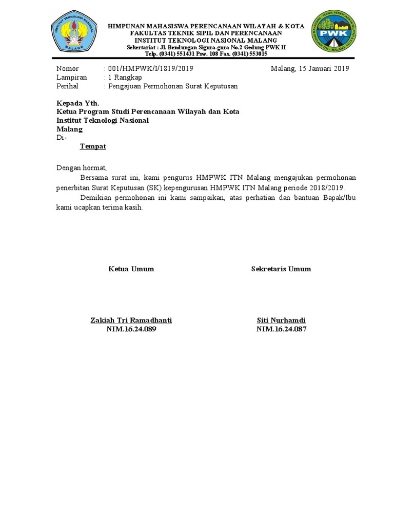 Surat Permohonan SK Pengurus HMPWK 2018-2019 | PDF