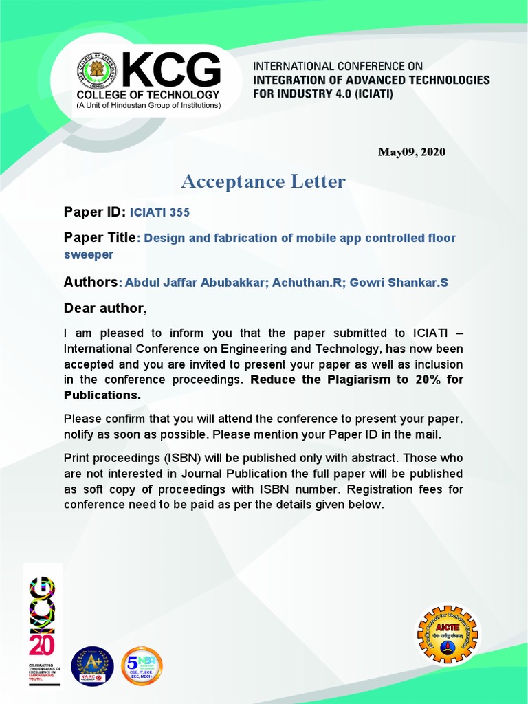 Acceptance Letter: Paper ID: Paper Title Authors Dear Author | PDF