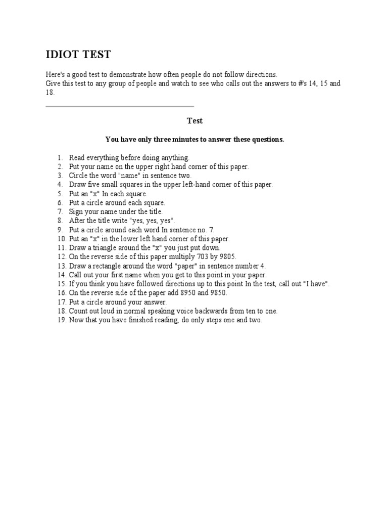 Idiot Test: You Have Only Three Minutes To Answer These Questions | PDF ...