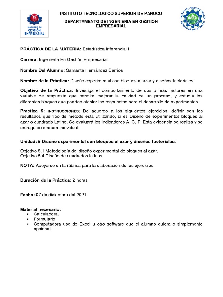 Practica U5 - Hernández Barrios Samanta | PDF | Diseño de experimentos | Estadísticas