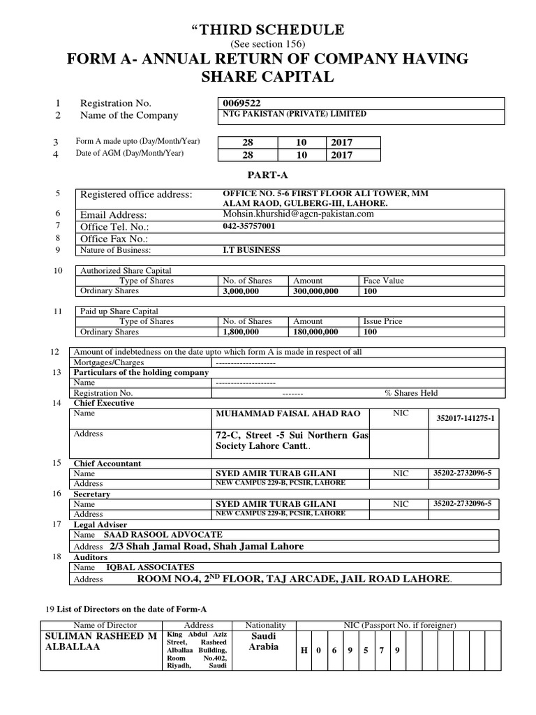 "Third Schedule Form A-Annual Return of Company Having Share Capital ...