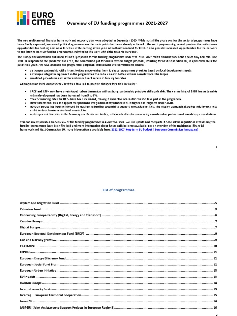 Funding Overview 2021-2027 - Eurocities | PDF | European Union ...