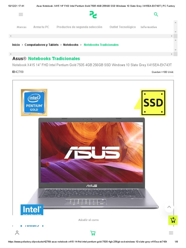 Asus Notebook X415 14 - FHD Intel Pentium Gold 7505 4GB 256GB SSD Windows 10 Slate Grey X415EA ...