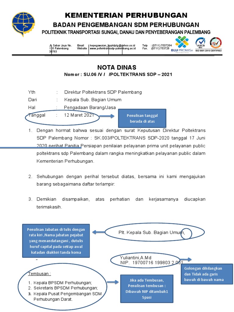 Contoh Nota Dinas Sesuai KM 41 Tahun 2021 | PDF