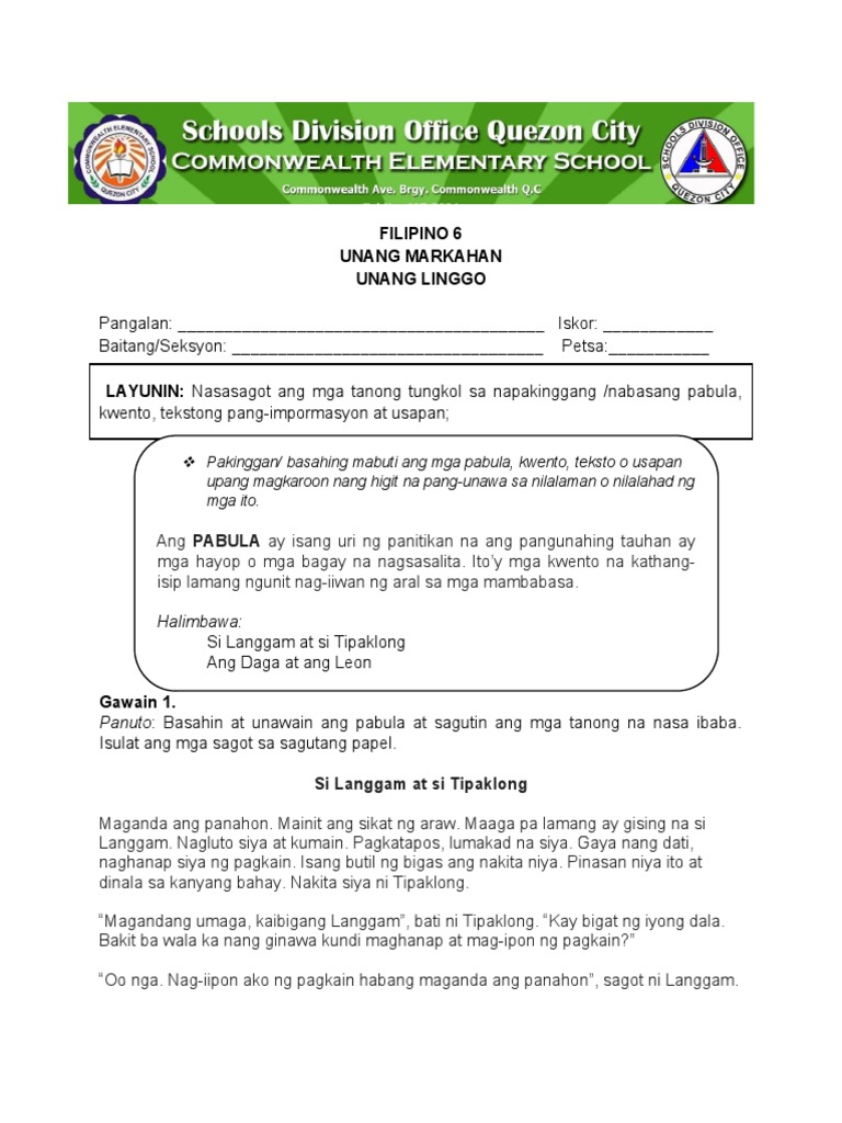 Filipino 6 Worksheet q1 Unanglinggo 1 1 | PDF