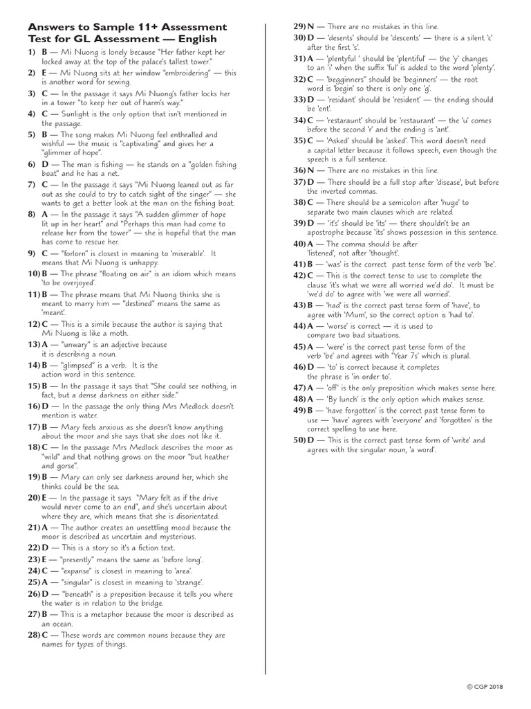 Answers To Sample 11+ Assessment Test For GL Assessment - English | PDF ...
