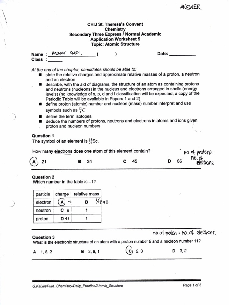 Chem Worksheet 3 | PDF | Atoms | Proton