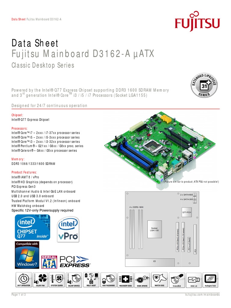 Fujitsu Mainboard D3 Mainboard D3162-A ATX: Data Sheet | PDF | Bios | Usb