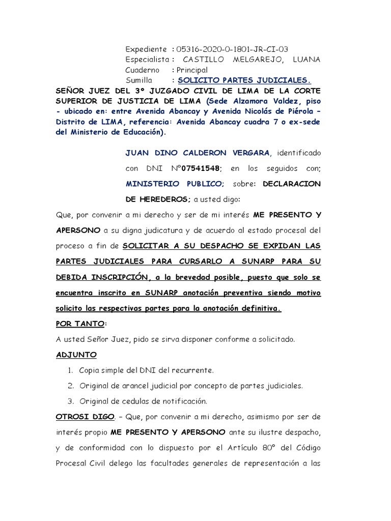 Solicito Partes Judiciales Torres Dino | PDF | Judicaturas ...