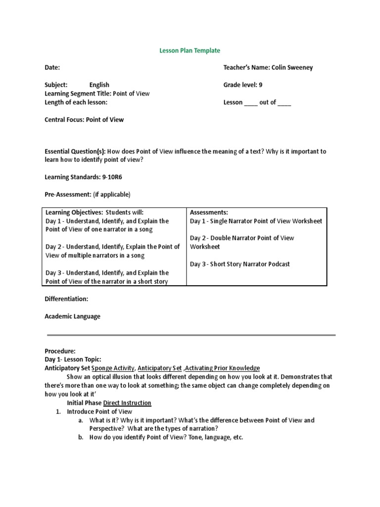 Point of View Lesson Plan for 9th Grade | PDF | Narration | Lesson Plan