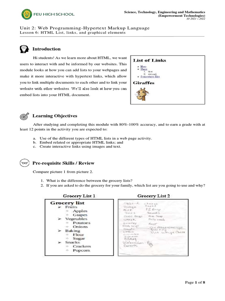 Lesson 6 - HTML Lists and Links | PDF | Hyperlink | Html Element Lesson 6 - HTML Lists and Links | PDF | Hyperlink | Html Element