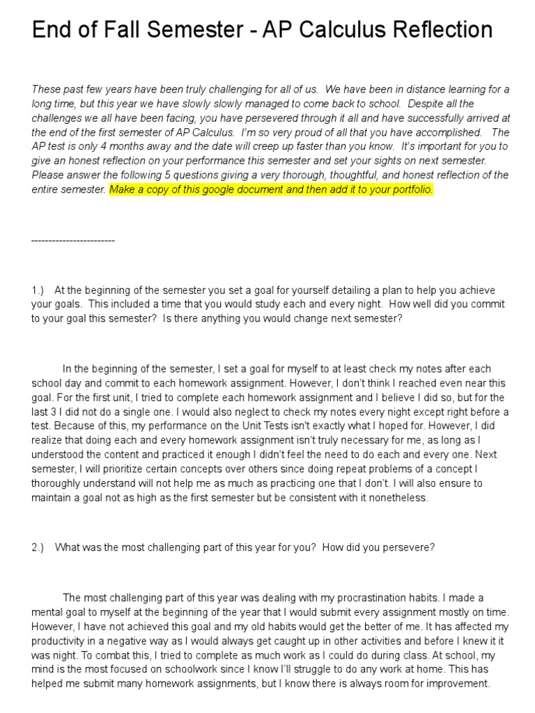 Jtcopy of End of Fall Semester Ap Calculus Reflection | PDF | Cognition