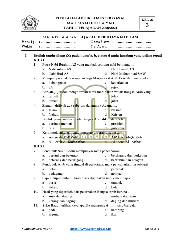 PAS SKI Kls 3 MI Soal Dan Kunci Jawaban | PDF