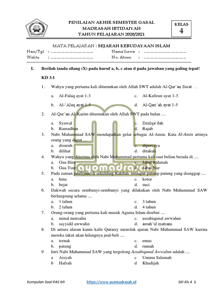 PAS SKI Kls 4 MI Soal Dan Kunci Jawaban | PDF