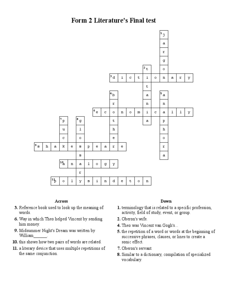 Literature Final Test Crossword | PDF | Paintings | Linguistics
