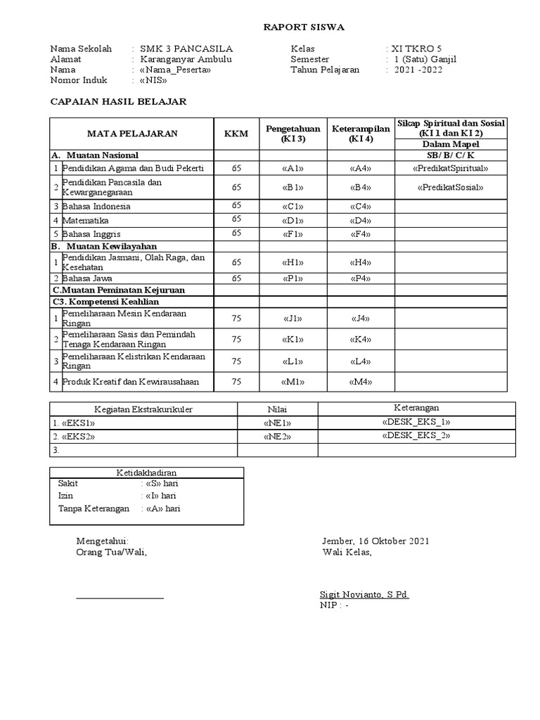 Contoh Raport SMK K13 | PDF