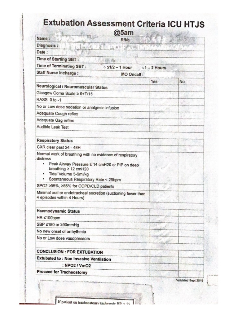 Extubation Assessment Criteria ICU HTJS | PDF