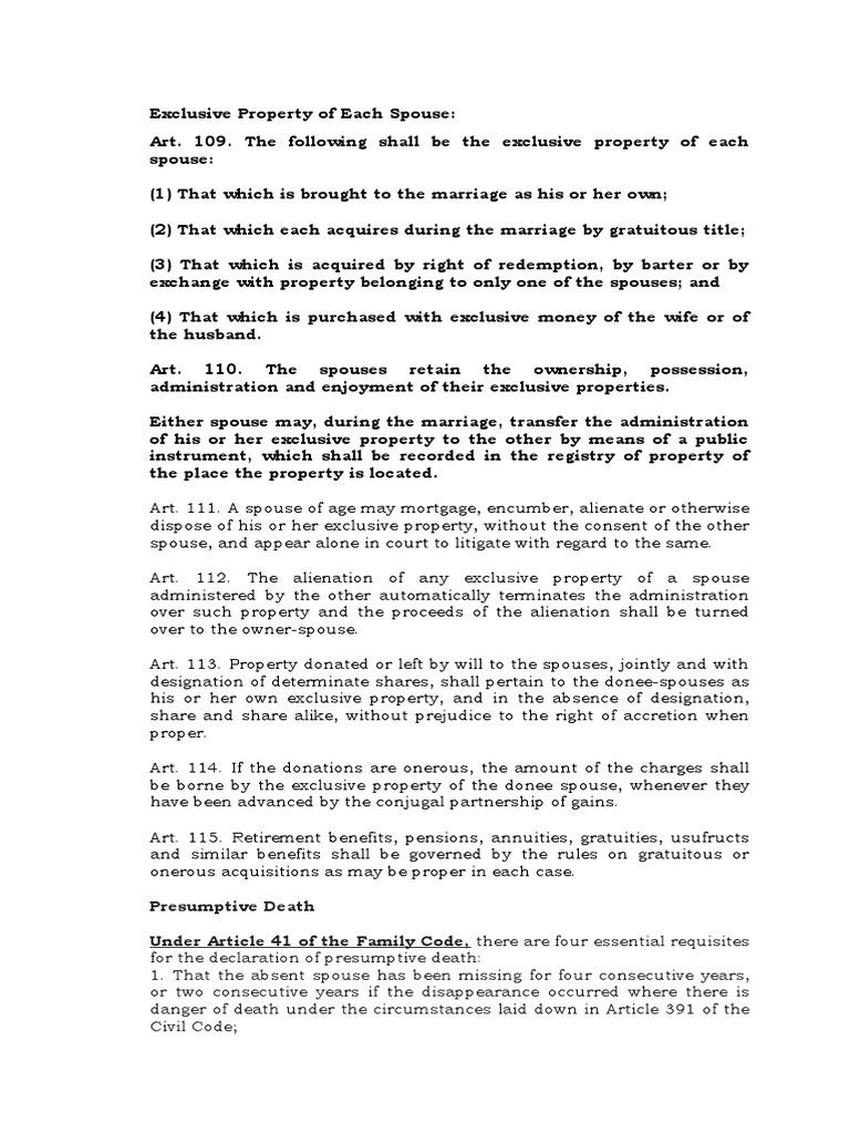 Exclusive Property of Each Spouse | PDF | Marriage | Property