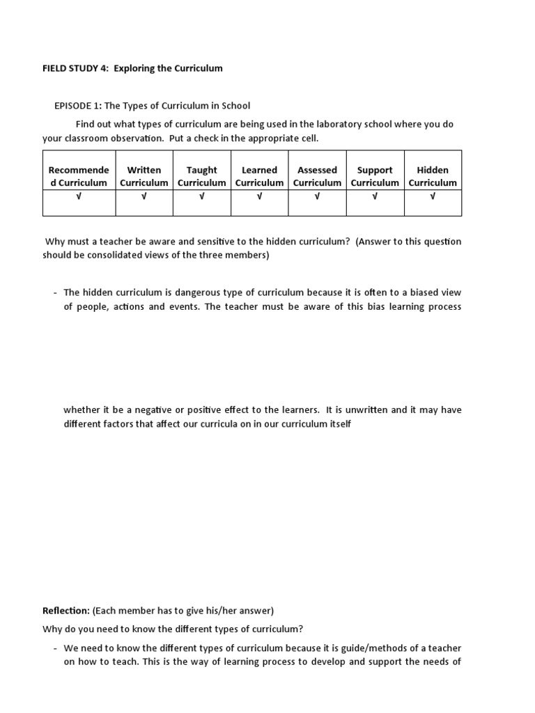 FIELD STUDY 4: Exploring The Curriculum | PDF