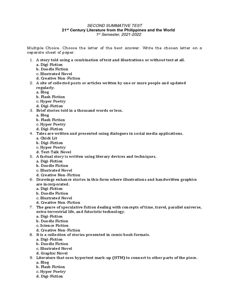 Understanding Modern Literary Genres: A Summative Test on 21st Century ...