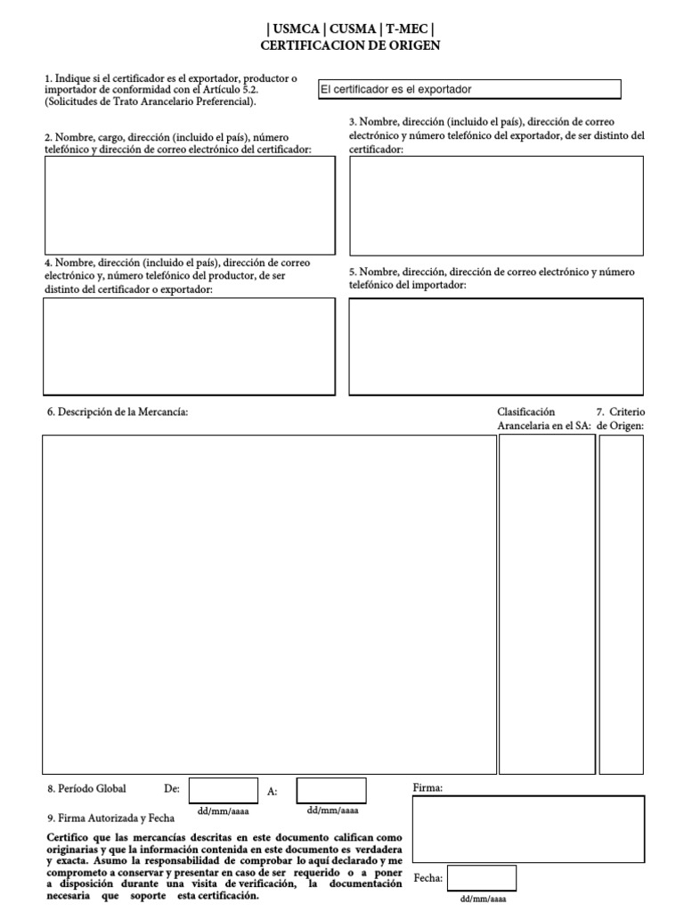 Certificado de Origen USMCA Editable | PDF