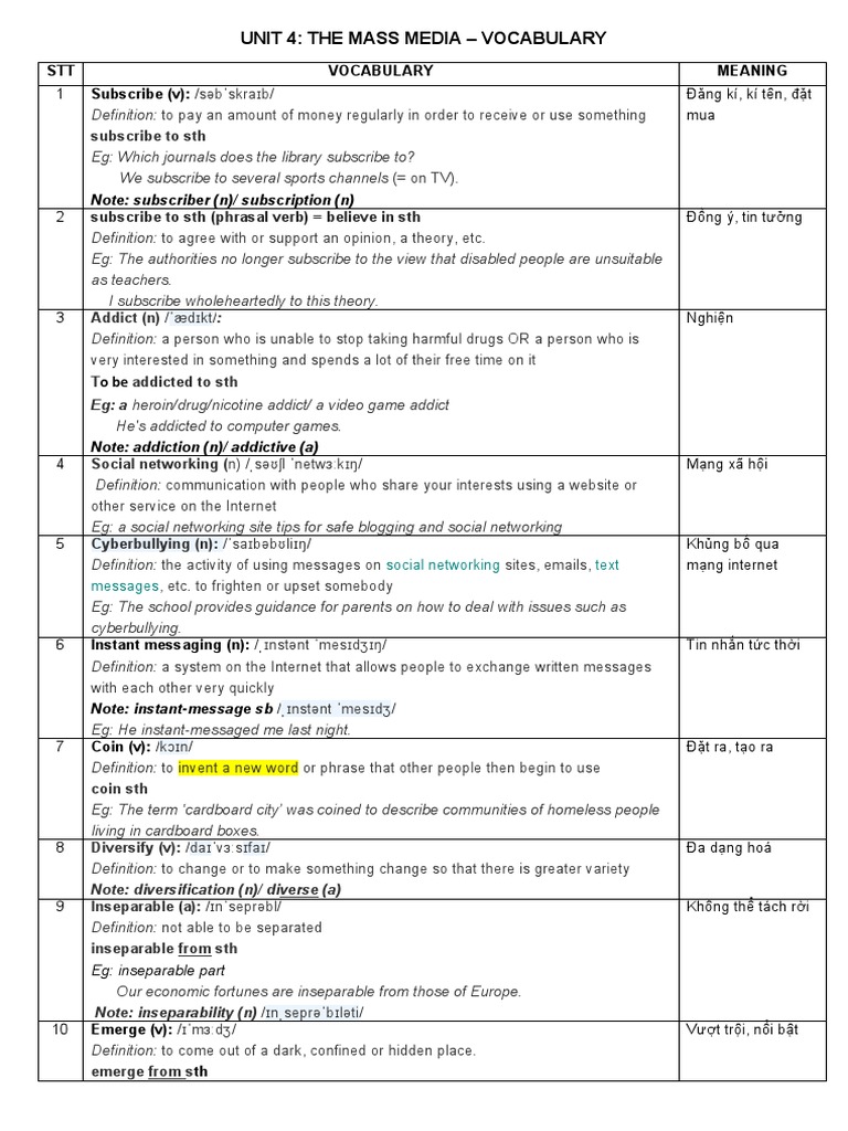 Unit 4: The Mass Media - Vocabulary: Subscribe To STH | PDF ...