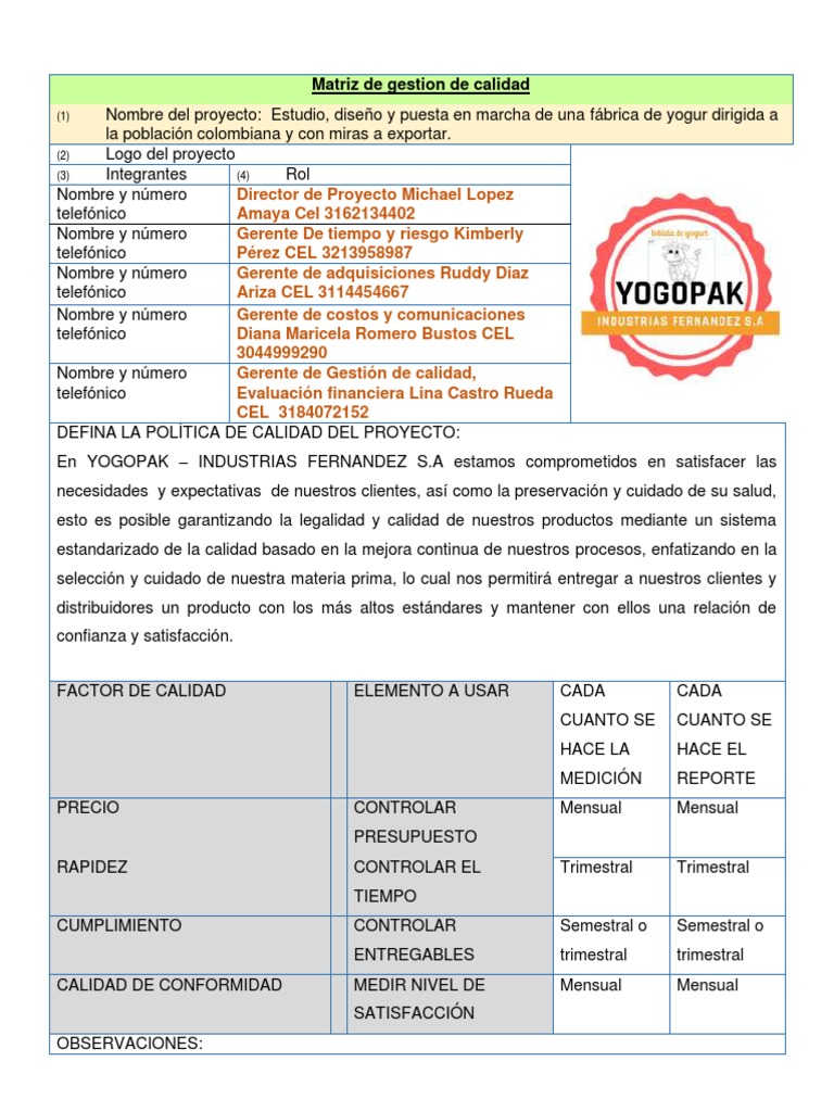 Matriz de Control de Calidad en YOGOPAK | PDF | Calidad (comercial ...