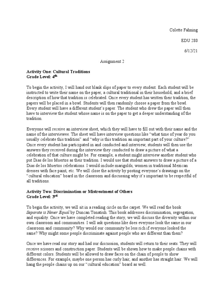 Cultural Traditions and Diversity Activities | PDF | Interview | Classroom