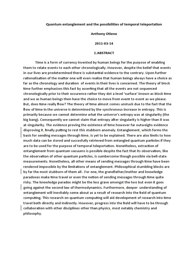 Quantum Entanglement and The Possibilities of Temporal Teleportation ...