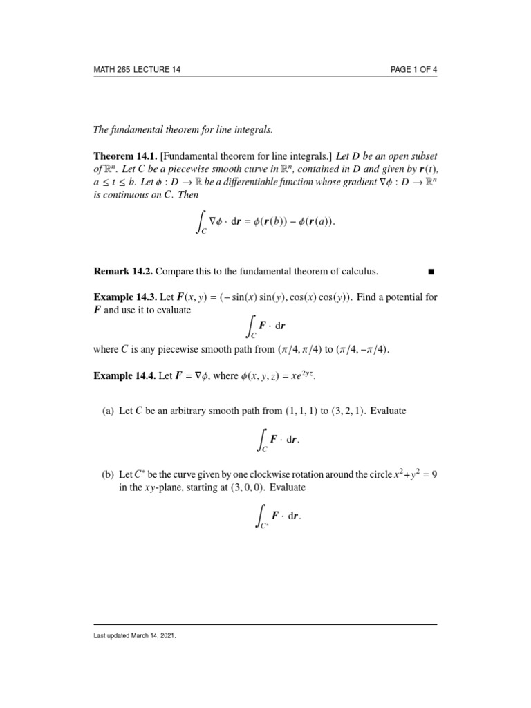 Fundamental Theorem For Line Integrals | PDF | Integral | Analysis