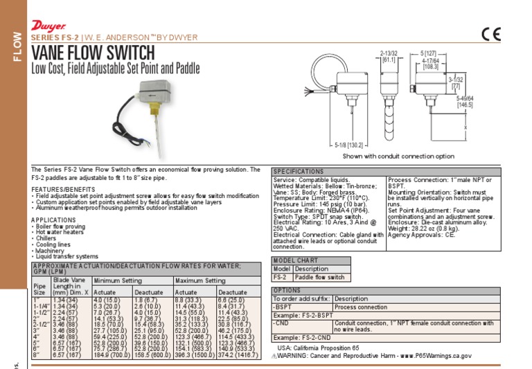 Vane Flow Switch: Low Cost, Field Adjustable Set Point and Paddle ...