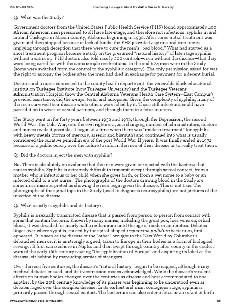 Examining Tuskegee - About The Author Susan M. Reverby | PDF | Medical ...