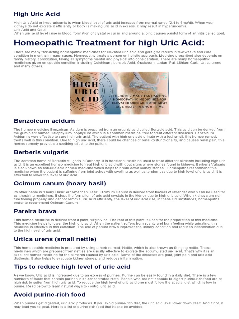 Best Homeopathic Medicine For High Uric Acid | PDF | Gout | Foods