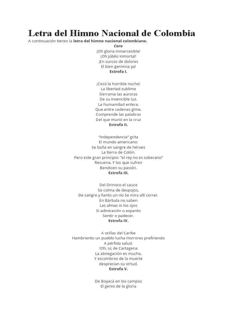 Letra Del Himno Nacional de Colombia | PDF